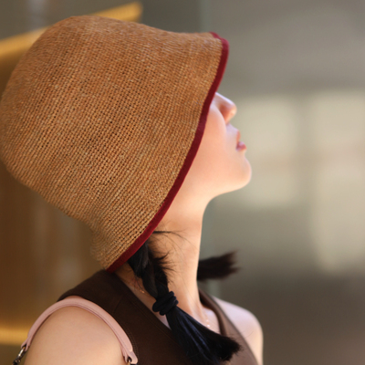 日本出口特细手钩拉菲草渔夫帽女