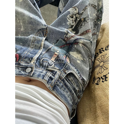 AC风格3D打印链条泼墨牛仔裤男女