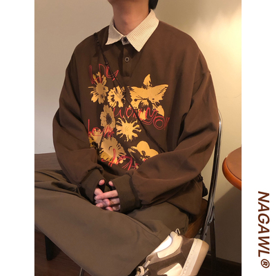NAGAWL秋季美式复古宽松印花拼接假两件polo领休闲长袖套头卫衣男