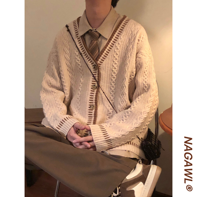 NAGAWL秋冬美式复古潮牌宽松慵懒风撞色麻花V领针织开衫毛衣外套