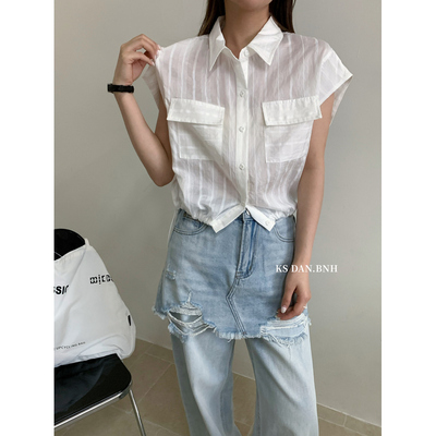 下摆抽绳松紧单排扣无袖衬衫