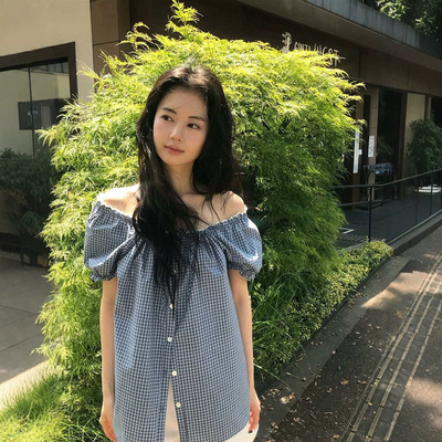 方领蕾丝花边系带抽褶格纹衬衫女夏季泡泡袖宽松上衣archiv*e