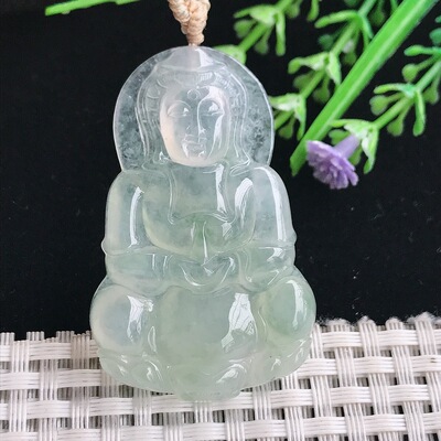 A货翡翠48.8/31/5.1老坑冰胶水灵冰晴观音吊坠正装翡翠观音挂件