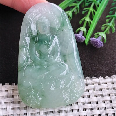 A货翡翠65.6/42.5/5.5老坑冰胶水灵冰飘花大日如来佛吊坠翡翠玉牌