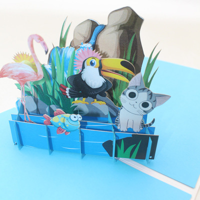 山间小鱼和猫创意3D立体贺卡剪纸