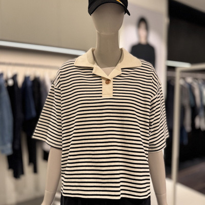 STUDIO TOMBOY复古条纹翻领短袖T恤女 纯棉宽松休闲上衣撞色领口
