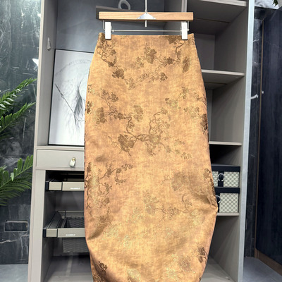 中式！提花高腰包臀后开叉半身裙