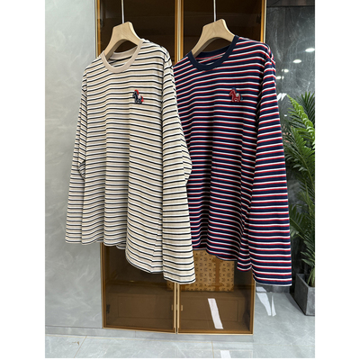 N货！宽松条纹圆领长袖棉T恤