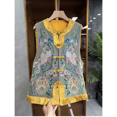 中式！重工刺绣牛仔圆领盘扣马甲