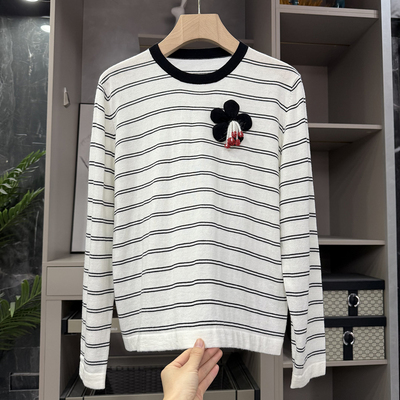 N货！条纹羊毛圆领针织长袖T恤