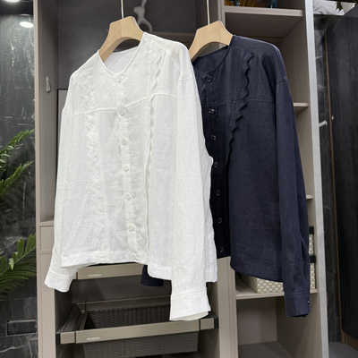 抽绳宽松亚麻圆领长袖衬衫上衣
