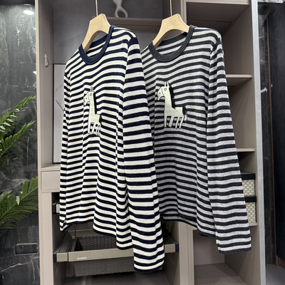 宽松刺绣小马条纹圆领针织T恤