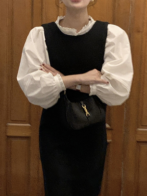 韩国with*utsu*mer 气质法式花边衬衫 小香风毛呢背心连衣裙套装