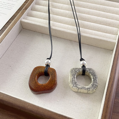 s925银珠吊坠小众设计感时髦项链几何方形驼骨石长款毛衣链2024新