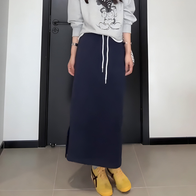 藏蓝色抽绳设计半身裙2024秋冬新款小众高腰显瘦直筒宽松开叉裙子