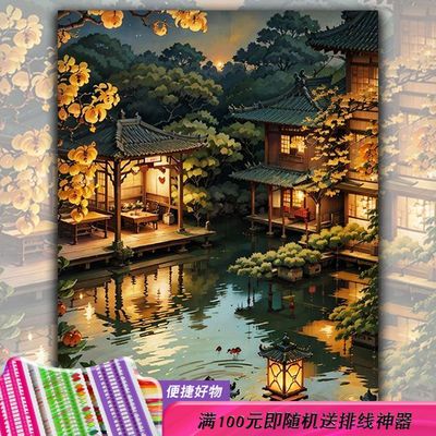 古镇华灯初上风景2023新款满绣十字绣手工diy江南风景印花