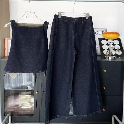 le rouge周美美  出街后背镂空绑带背心原色直筒牛仔阔腿裤套装女