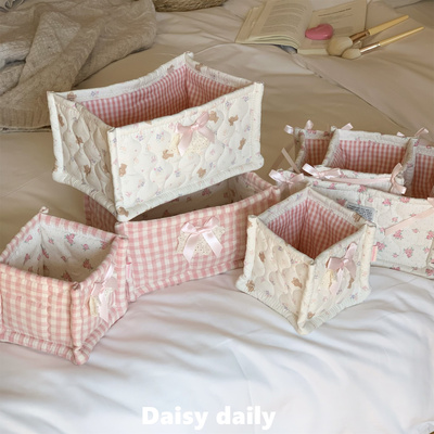 桌面收纳筐方形手工条纹绗缝新款整理盒布艺杂物收纳玄关大容量筐