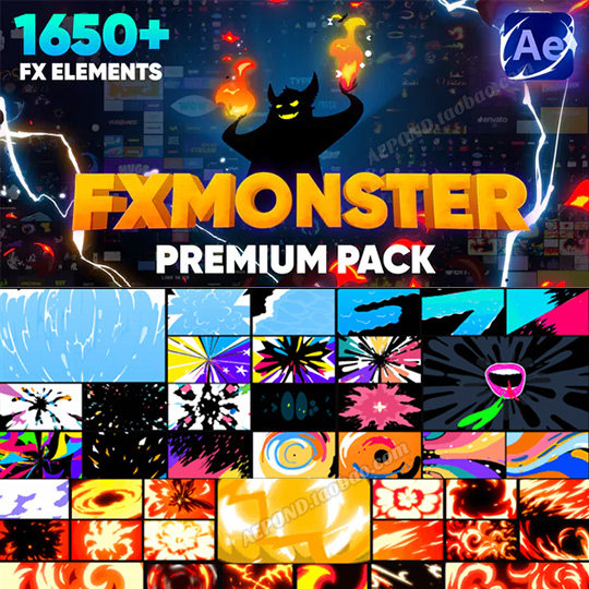 2D卡通动漫游戏火焰烟雾能量流体特效元素AE脚本 FXMONSTER_虎窝淘