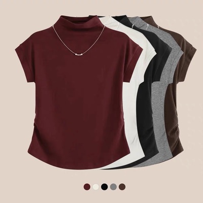 半高领针织短袖t恤女中领内搭2025春夏新款安可拉红打底上衣洋气