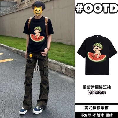 190-300克重磅新疆棉美式潮牌T恤男女oversize蜡笔小新印花短袖