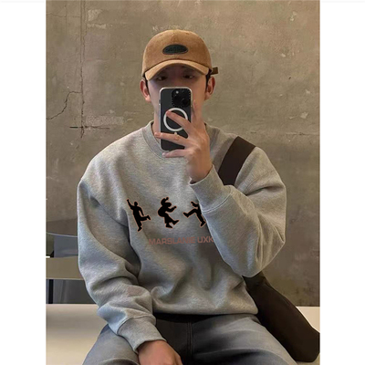 美式潮牌灰色圆领卫衣男款冬季