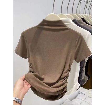 莫代尔2025新款大码春秋半高领收腰短袖T恤洋气褶皱修身打底上衣