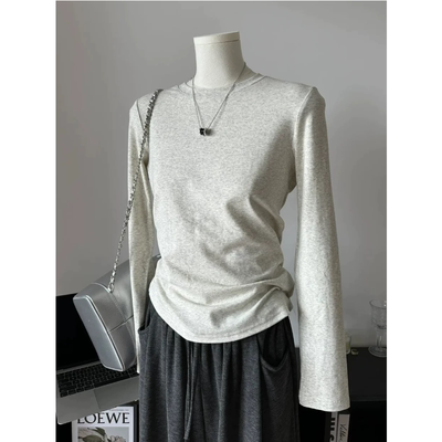 95棉圆领长袖T恤打底衫女春秋新款大码胖mm内搭修身纯色正肩上衣