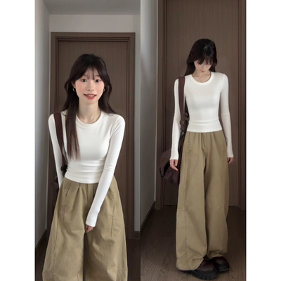 95棉春秋圆领长袖T恤女新款大码胖mm修身内搭打底衫正肩上衣