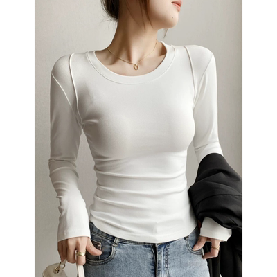 95棉正肩长袖打底衫女春秋2025新款大码胖mm修身内搭圆领T恤上衣