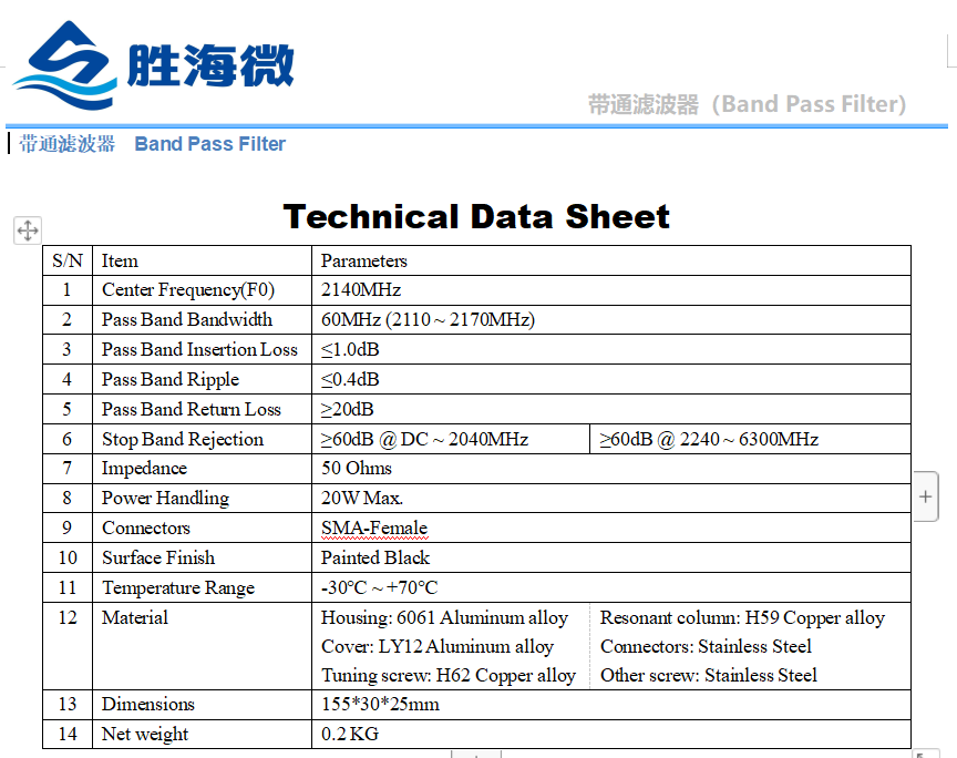 2110-2170MHz带通滤波器