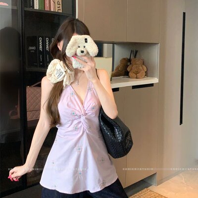 实拍实价 V领扭结无袖上衣女夏外穿刺绣收腰显瘦挂脖小衫