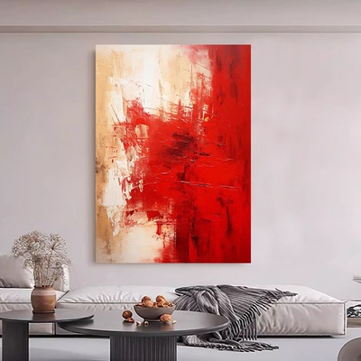 MHD手绘油画《艺无止境》客厅美式红色油画简约抽象肌理感装饰画