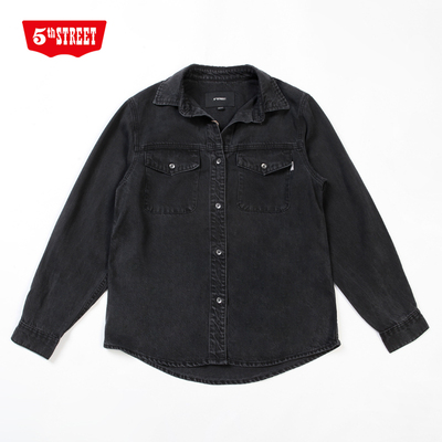 第五街5th street春季女装复古修身显瘦长袖牛仔衬衫330568-261