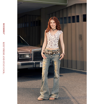 BeerBro『松弛街头』辣妹弹力做旧银色甩点中低腰修身微喇牛仔裤