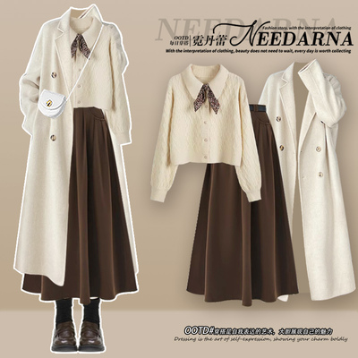 深秋初冬韩系穿搭毛呢外套女新款美拉德长裙子独特超好看大衣套装