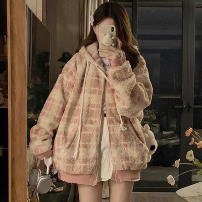 加厚格子羊羔毛绒外套女2025冬季新款韩系小香风夹棉保暖棉衣棉服
