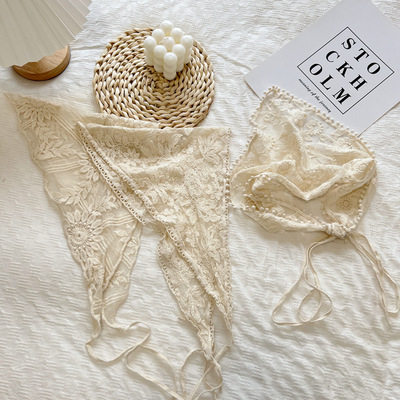 南法风蕾丝三角巾头巾米色法式农场风少女韩版ins风系带发带包头