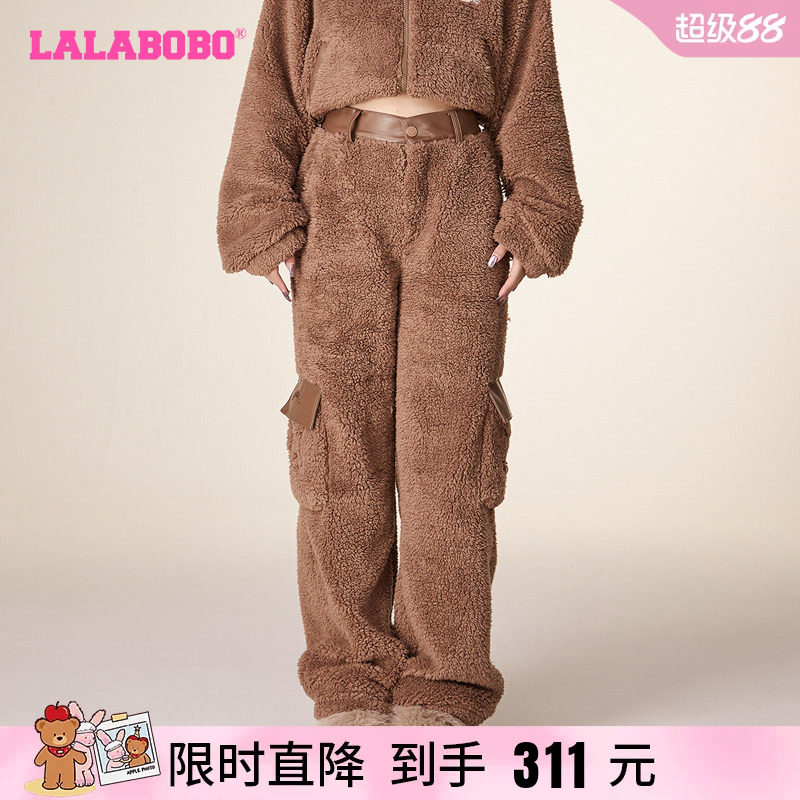 【朱近桐同款】LALABOBO早秋新芥末熊口袋毛绒长裤可爱保暖休闲裤