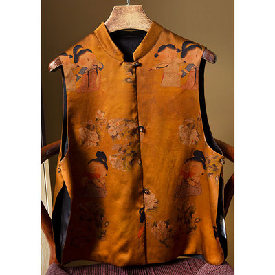 丝艺 双面穿100%桑蚕丝重缎小唐人真丝香云纱国风马甲缎面上衣