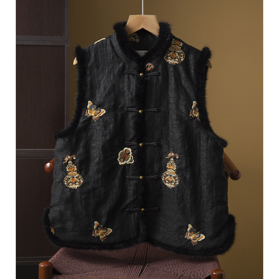 高端填充100%桑蚕丝国风刺绣水貂毛真丝龟纹香云纱棉服马甲马褂女