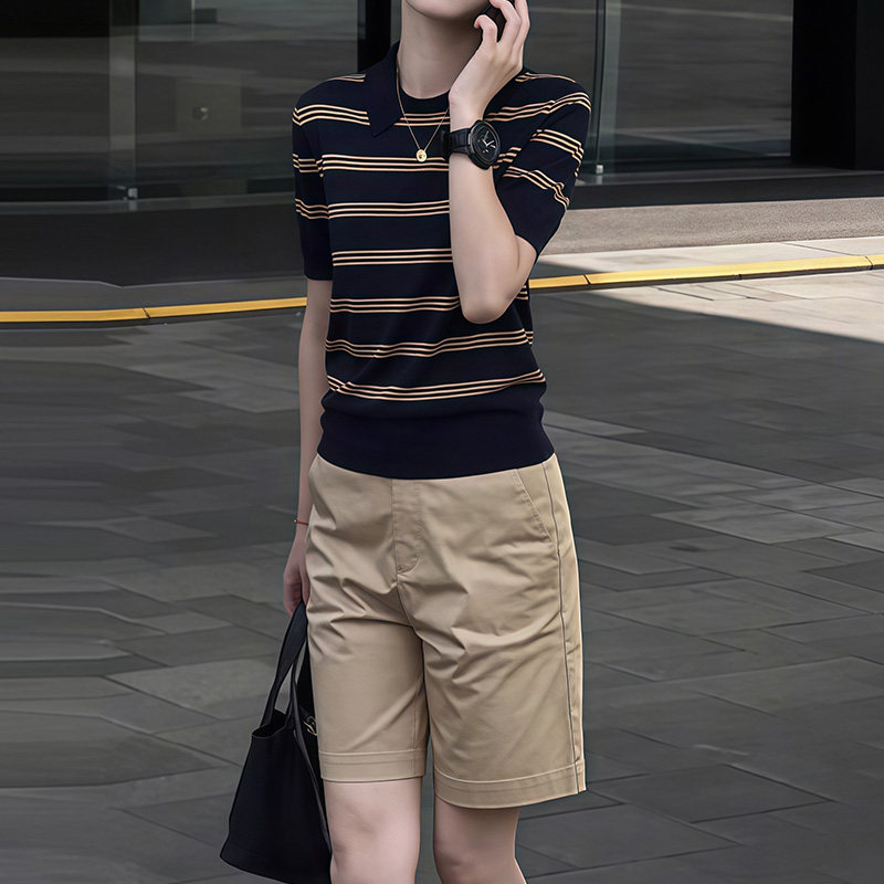夏季巨好看时尚穿搭两件套减龄休闲POLO领条纹短袖上衣短裤套装女