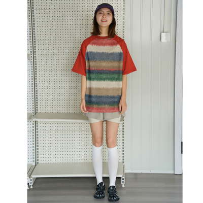 NBN彩虹色宽条纹插肩袖T恤小众