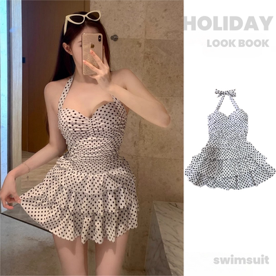 波点女泳衣甜美温泉游泳