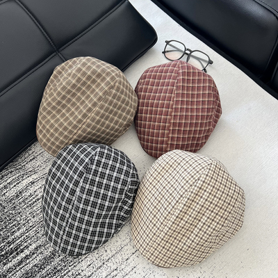 春夏英伦复古格纹显脸小贝雷帽