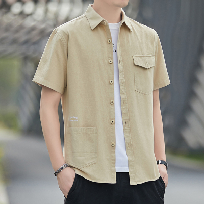 法娅茜纯棉衬衫春夏新款男短袖五分袖工装外套痞帅青年纯色七分袖
