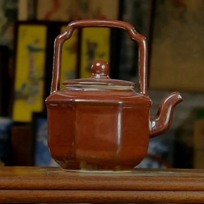 景德镇高温陶瓷建国瓷厂铁锈红单色釉提梁壶茶壶 泡茶壶 家居摆件