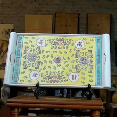 景德镇陶瓷老瓷厂手工手绘万寿无疆果盘方形茶盘中式赏盘家居摆件