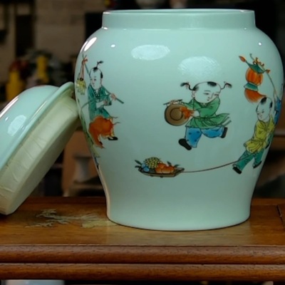 景德镇绿稀土陶瓷茶叶罐将军罐防潮存储密封罐存茶罐 家居摆件