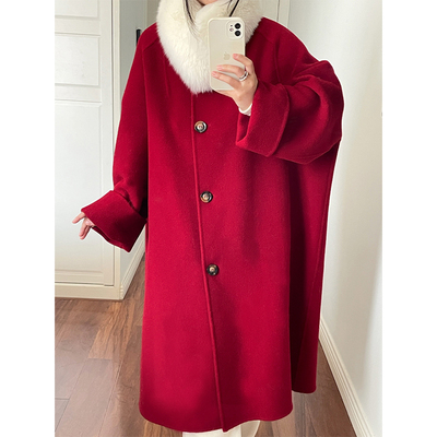 狐狸毛领双面呢手工绵羊毛大衣